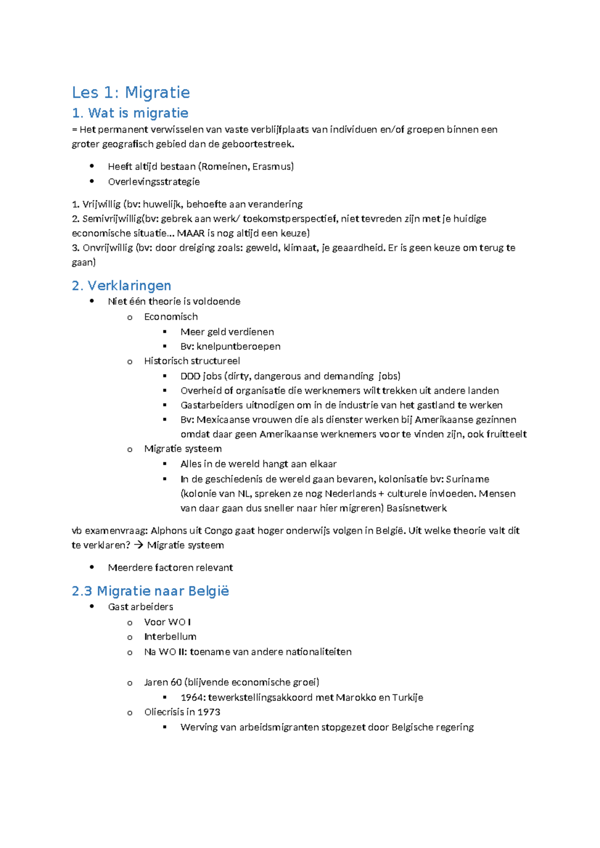 Diversiteit - Samenvatting - Les 1: Migratie 1. Wat is migratie = Het permanent verwisselen van ...