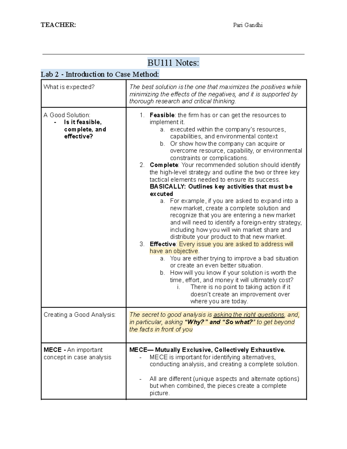 business class Notes - TEACHER: Pari Gandhi BU111 Notes: Lab 2 ...