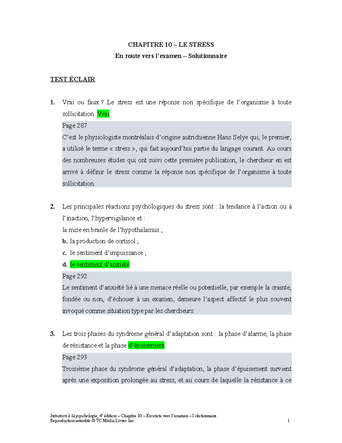 Ch10 en route vers examen-solutionnaire 1651605494 - CHAPITRE 10 – LE STRESS En route vers l ...