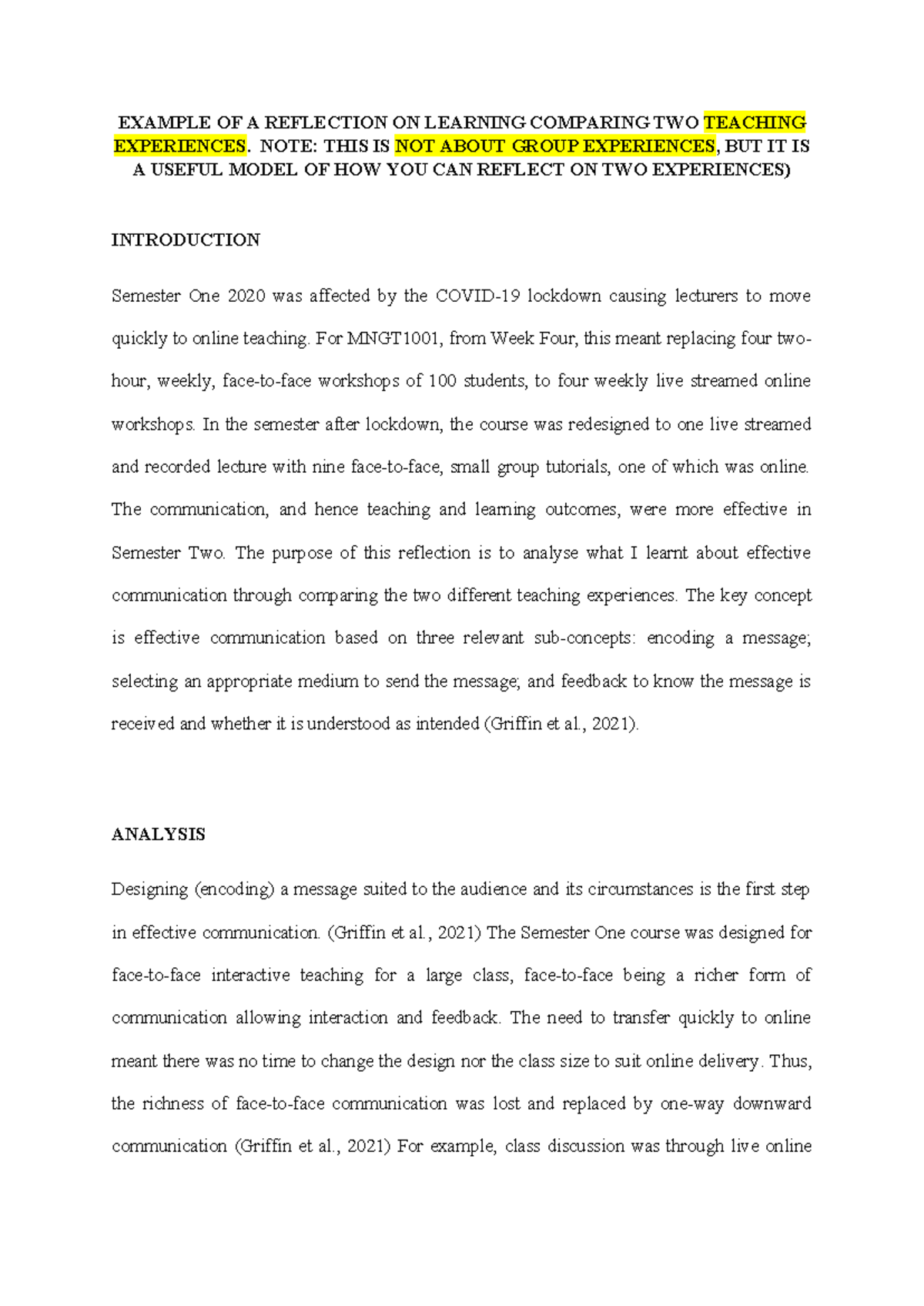 2B-Example Reflection Comparing Two Experiences on Teaching, NOT Groups ...