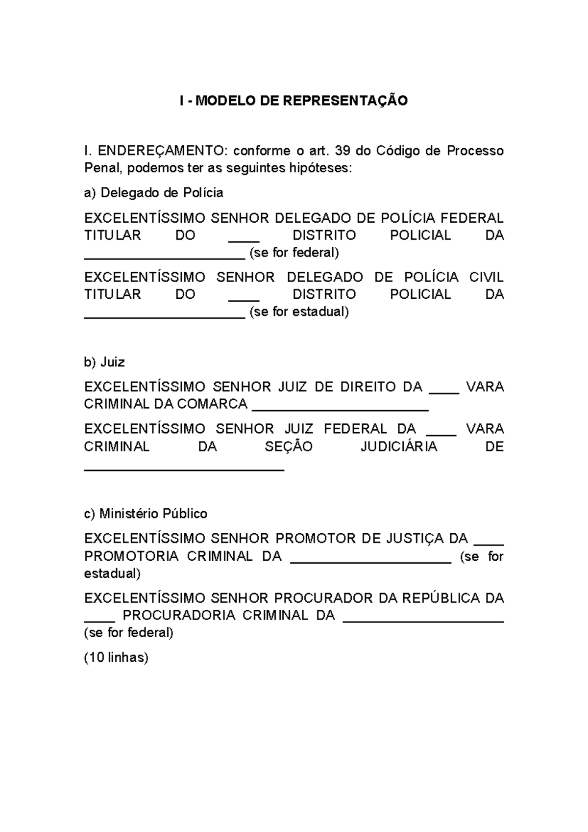 Modelo de representação 1 - I - MODELO DE REPRESENTAÇÃO I ...
