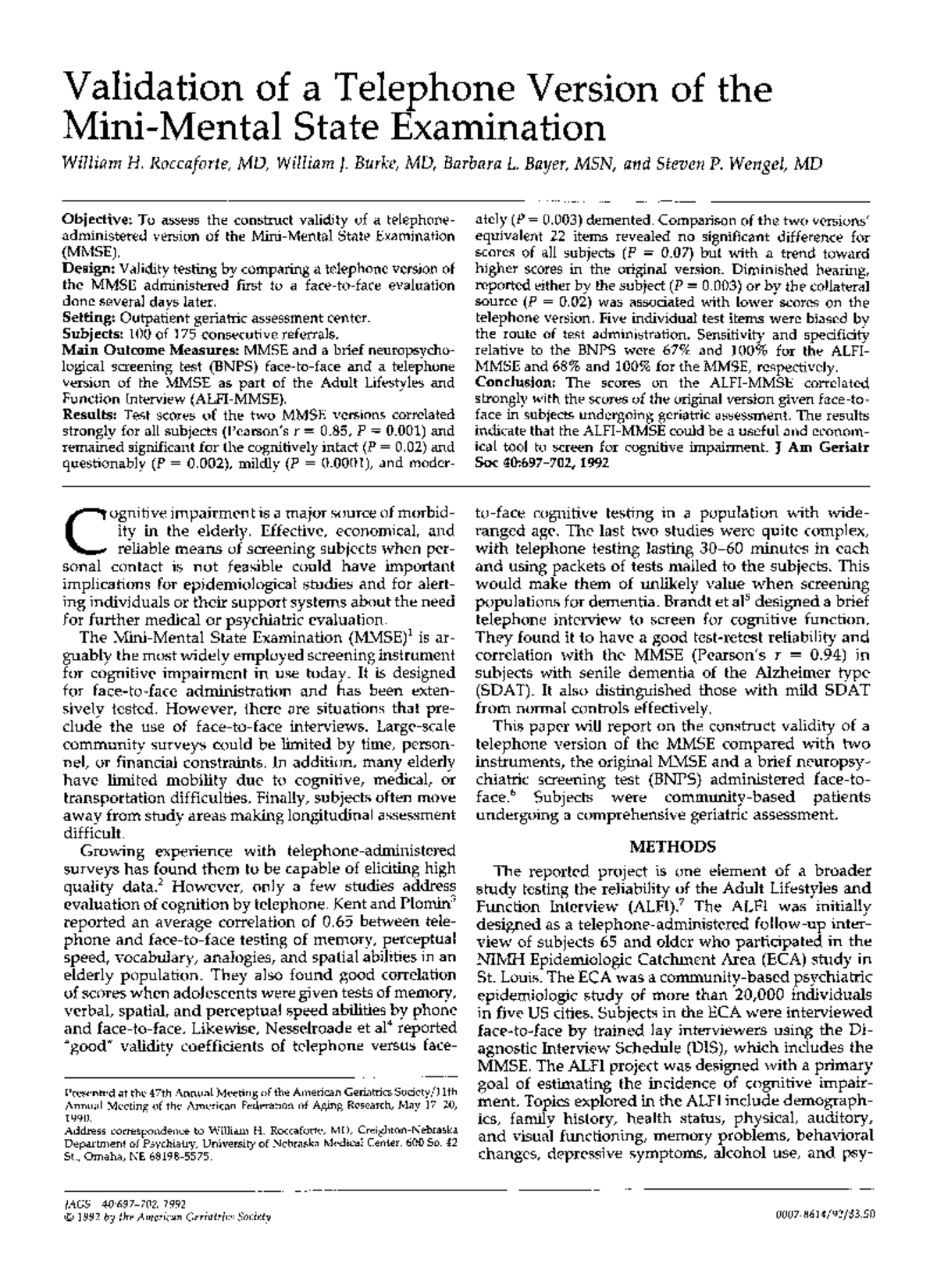 ALFI-MMSE - Validation of a Telephone Version of the Mini-Mental State ...