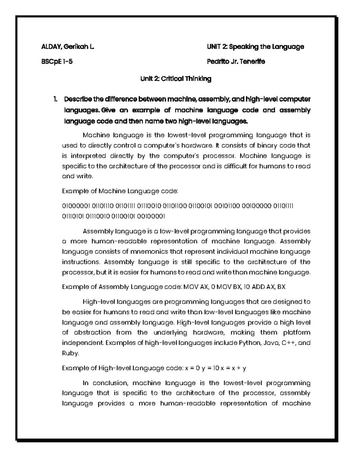 Alday - Unit 2 Critical Thinking - ALDAY, Gerikah L. UNIT 2: Speaking the Language BSCpE 1- 5 ...