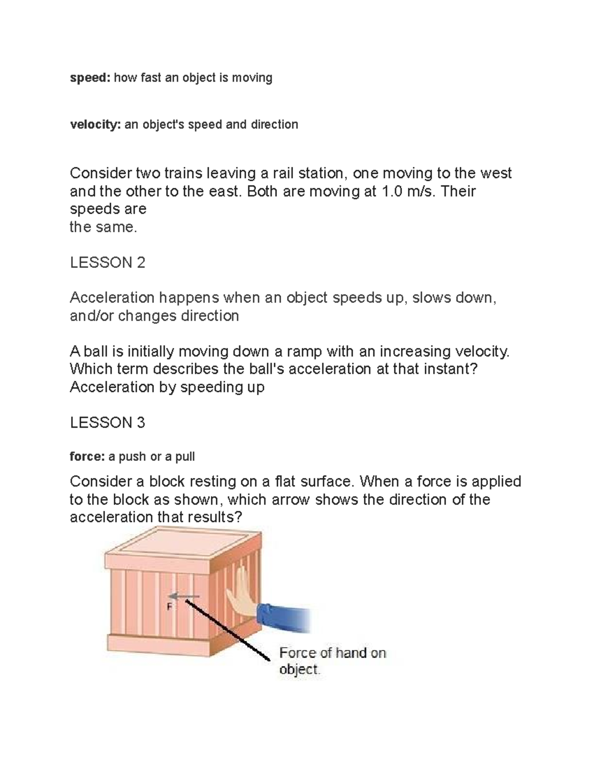 Force and motion notes lesson 1-4 - speed: how fast an object is moving ...