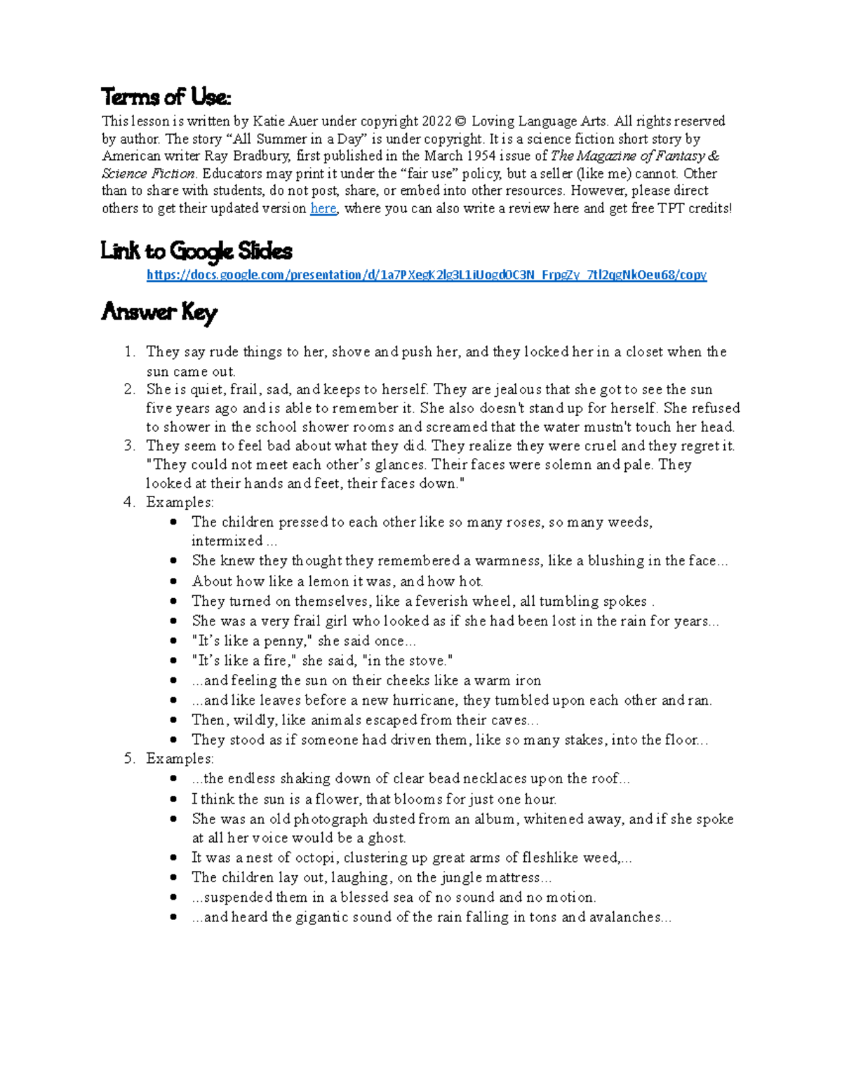 All Summer in a Day answers - Terms of Use: This lesson is written by ...