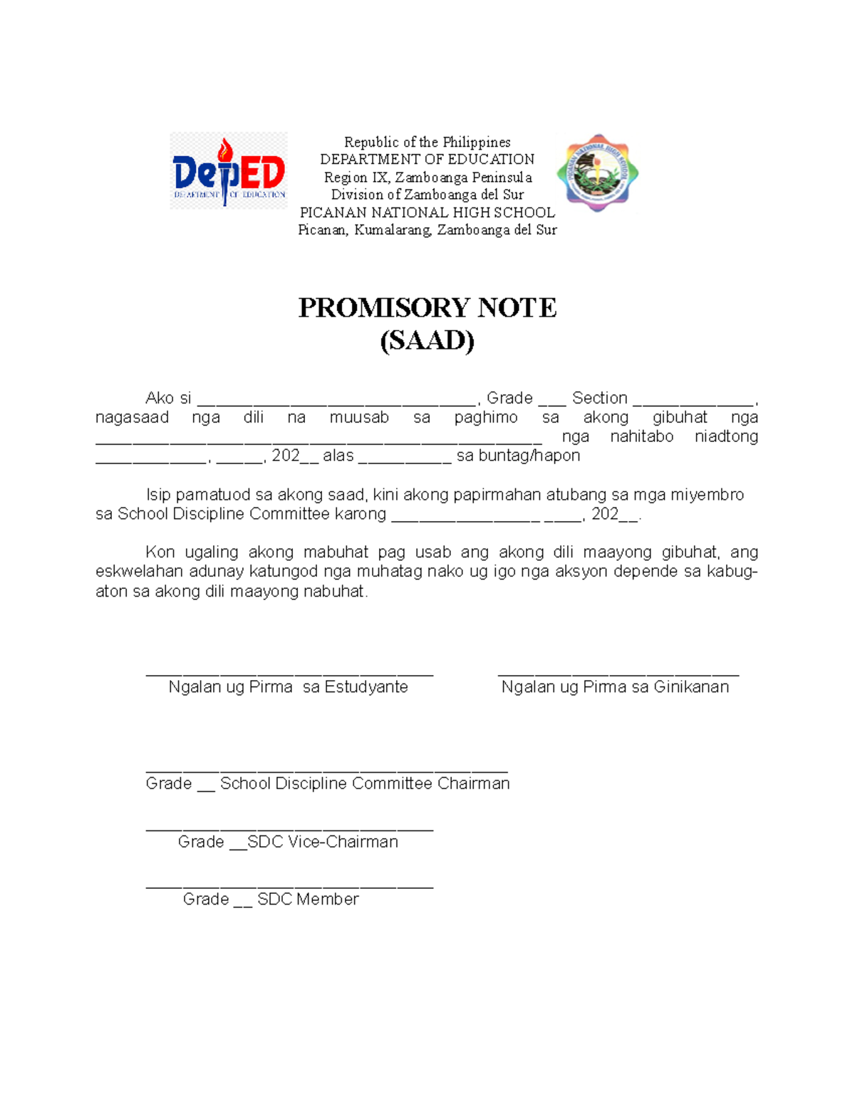 Promisory-NOTE - Promisory - DEPARTMENT OF EDUCATION Region IX ...