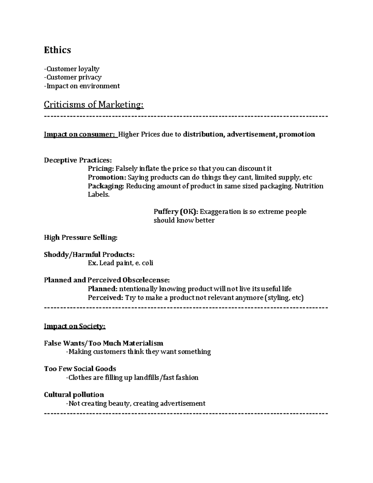 Chapter 4 Ethics Notes - Principles of Marketing - Ethics -Customer ...