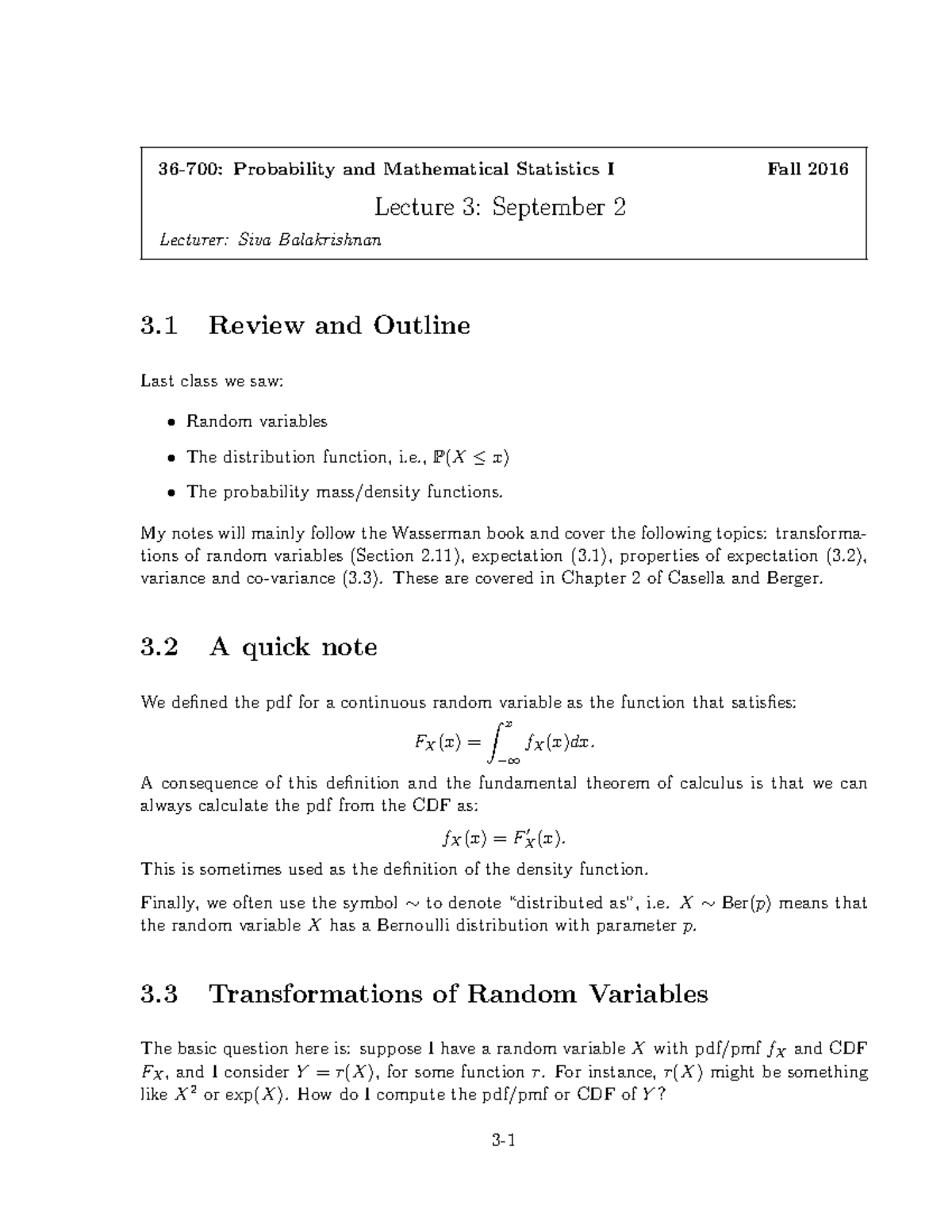 Lec3 - Lecture notes 3 - 36-700: Probability and Mathematical ...