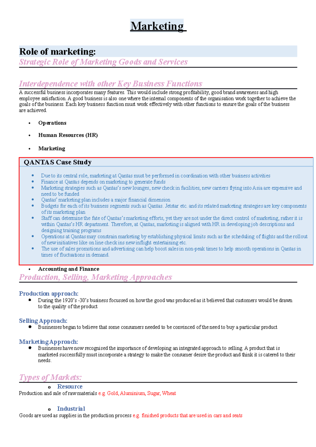 Marketing Summary Notes - Marketing Role of marketing: Strategic Role ...