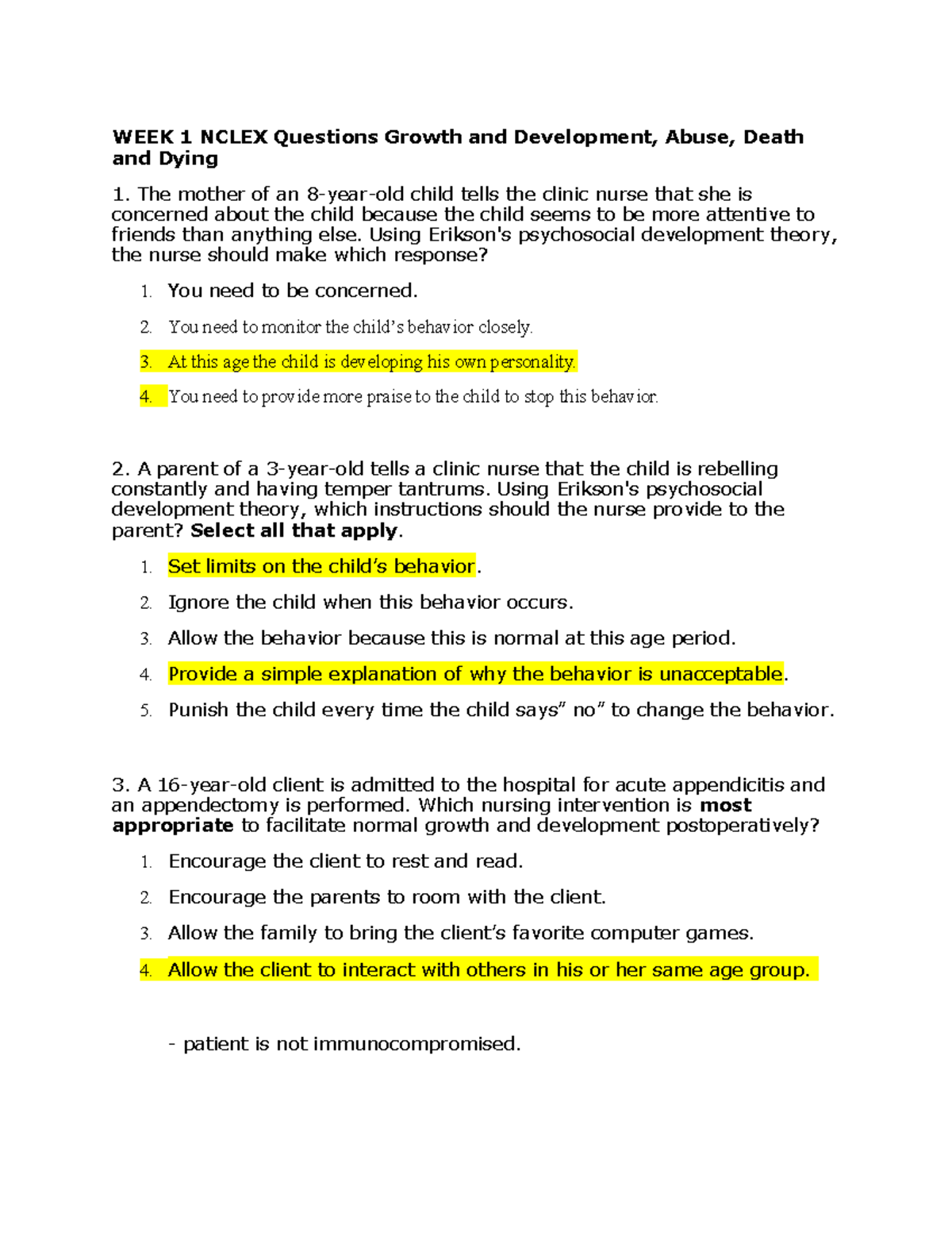 WEEK 1 Nclex Questions Growth And Development WEEK 1 NCLEX Questions