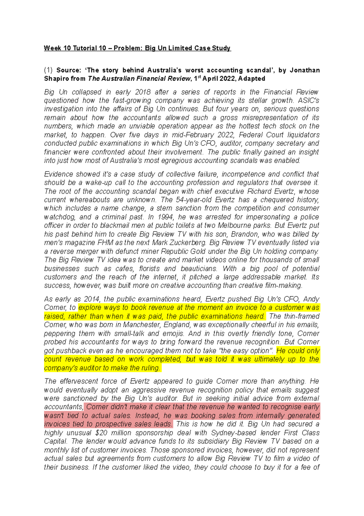 Week 10 Tutorial 10 – Problem Big Un Limited Case Study - Week 10 ...