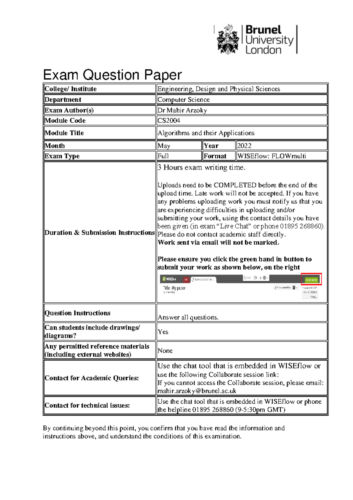 2021-2022 - CS2004 Examination Paper (Question Paper) - Exam Question Paper College/ Institute ...