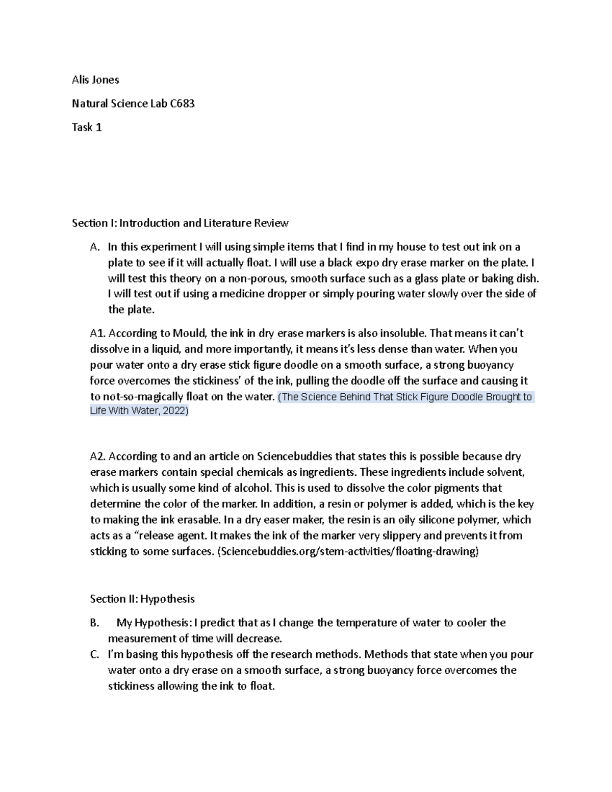 Science 1 - n/a - Alis Jones Natural Science Lab C Task 1 Section I ...