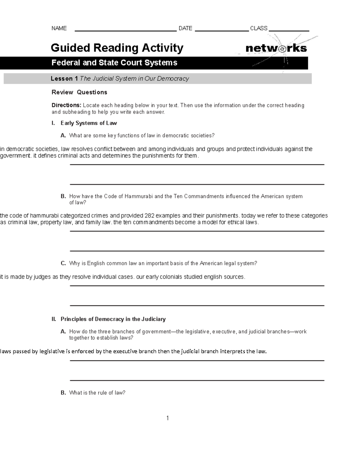 Lesson 1 The Judicial System in Our Democracy Guided Reading Activity Editable - NAME DATE CLASS ...