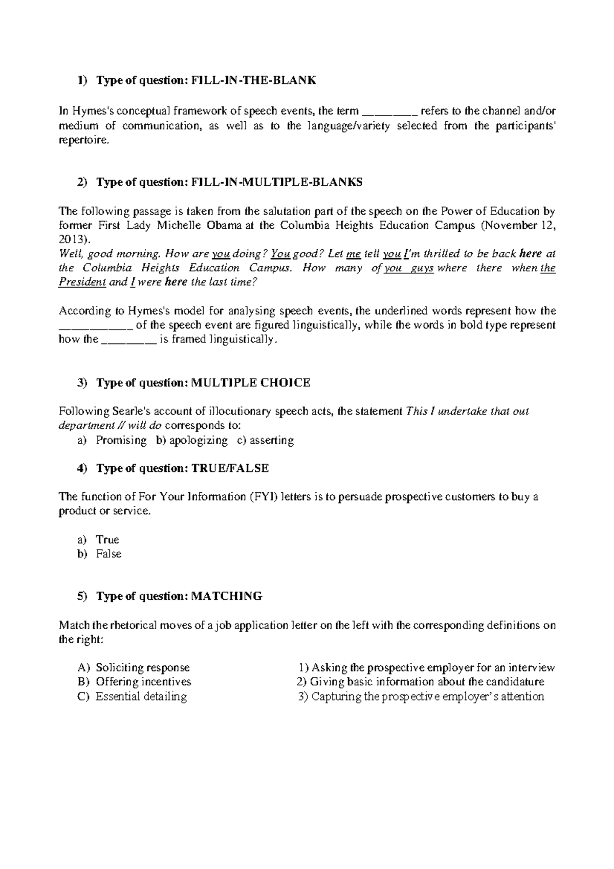 Types of questions for the exam( Sonia Rachele Piotti Inglese 3 Parte 1 ...