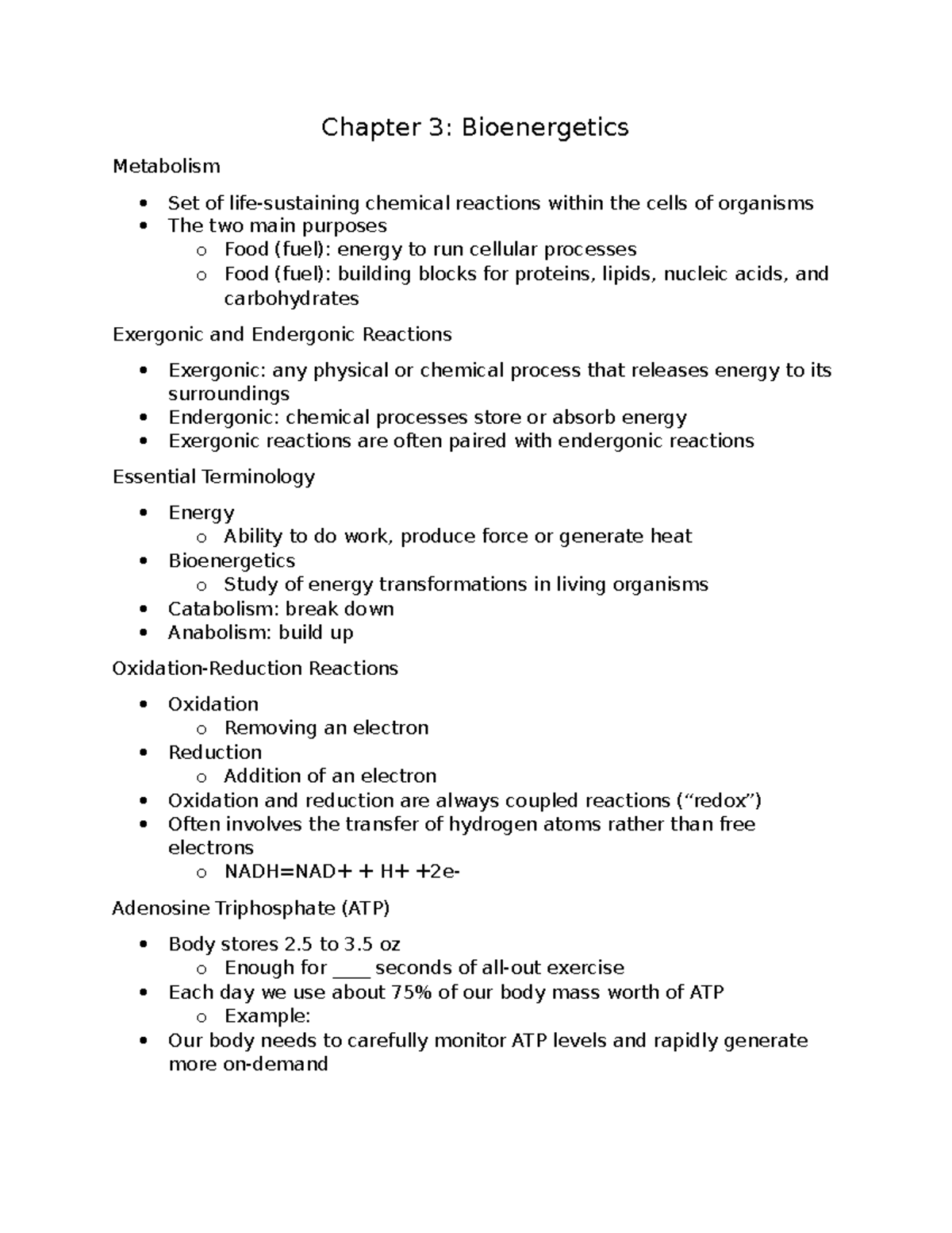 Exam 1 Notes - Nate Bachman - Chapter 3: Bioenergetics Metabolism Set ...