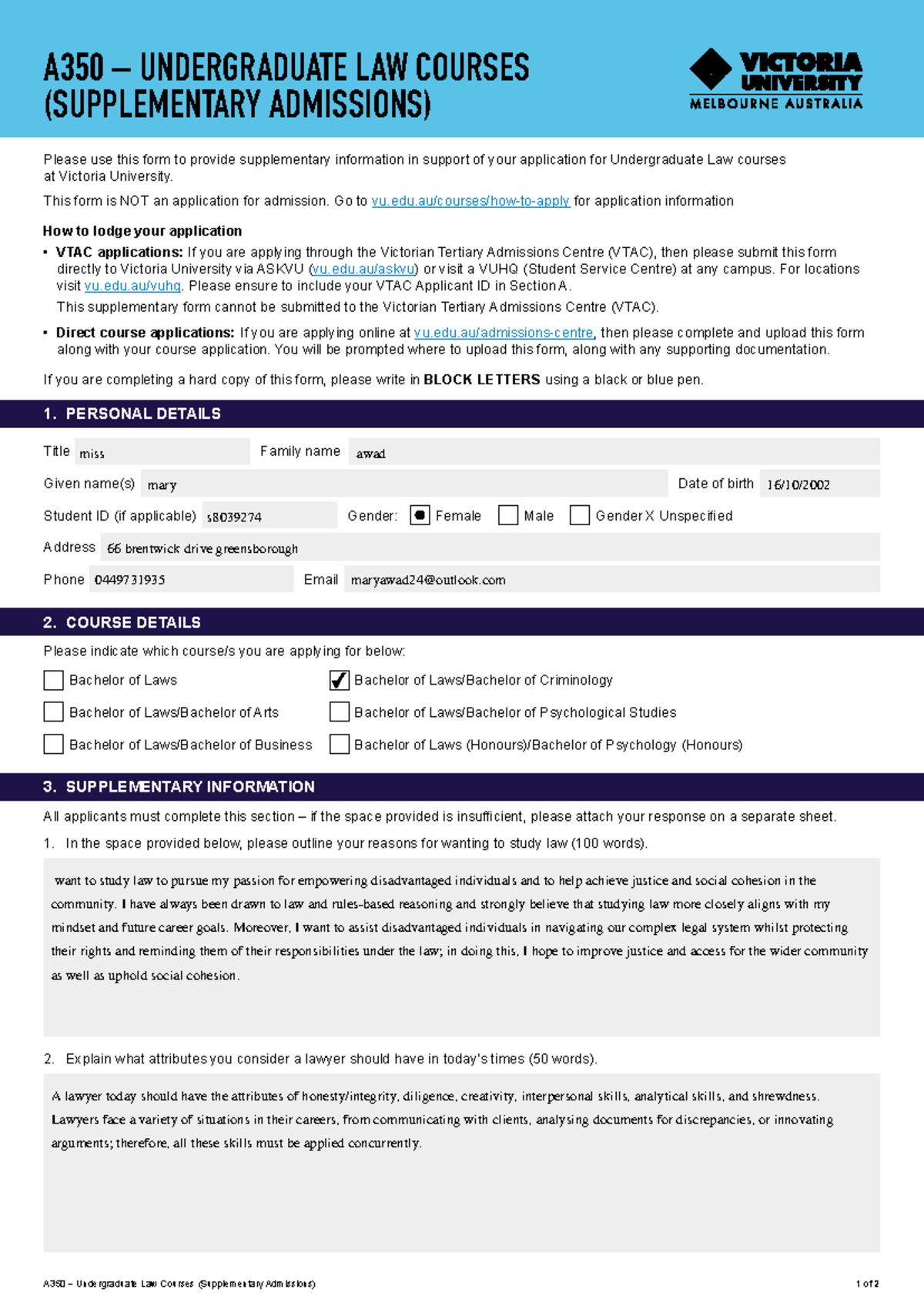 Application - This form is NOT an application for admission. Go to vu ...