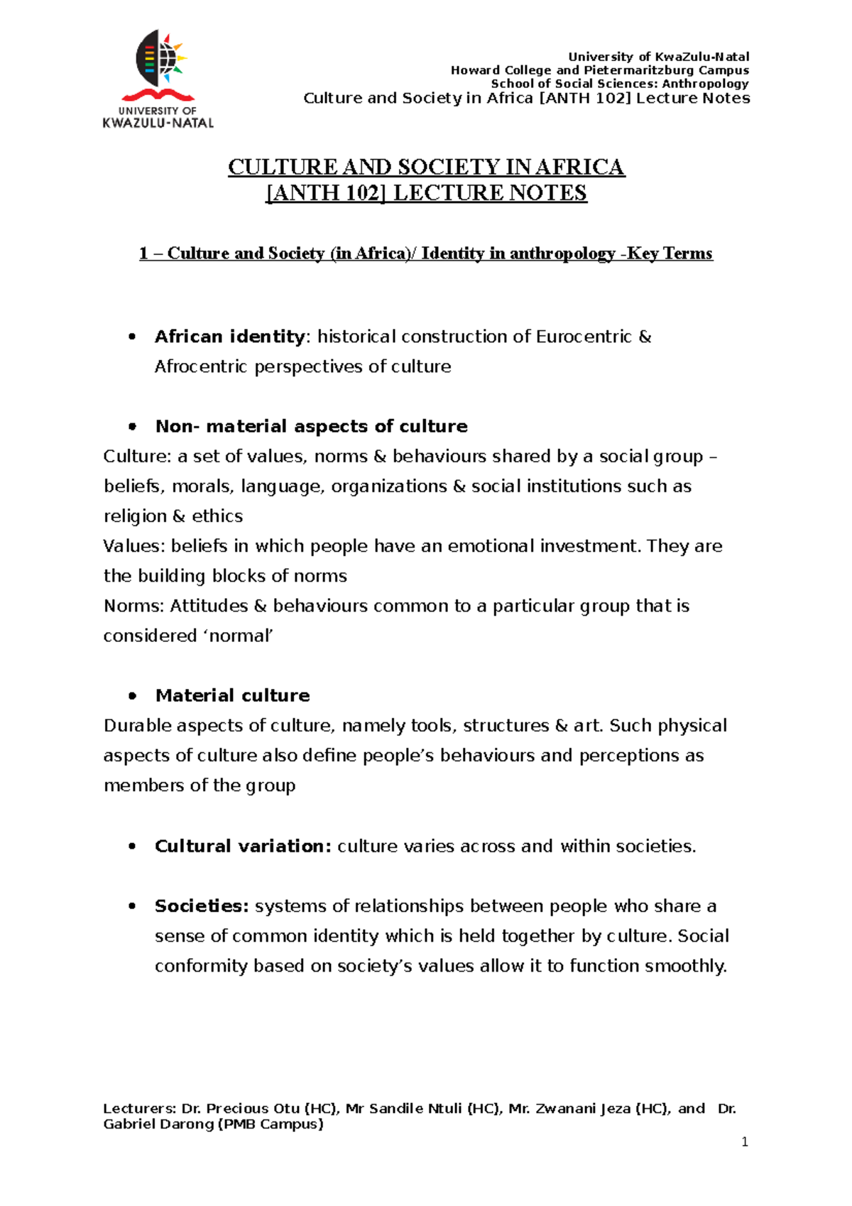 1 – Culture and Society (in Africa)- Identity in anthropology -KEY ...