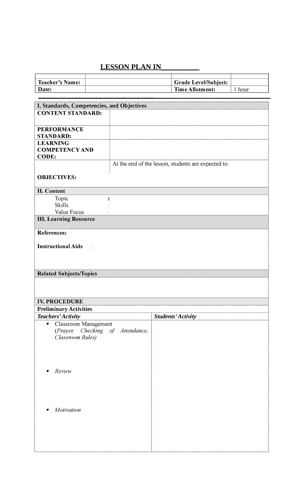 LEsson-Plan-Template-for-Interns - LESSON PLAN IN__________ Teacher’s ...