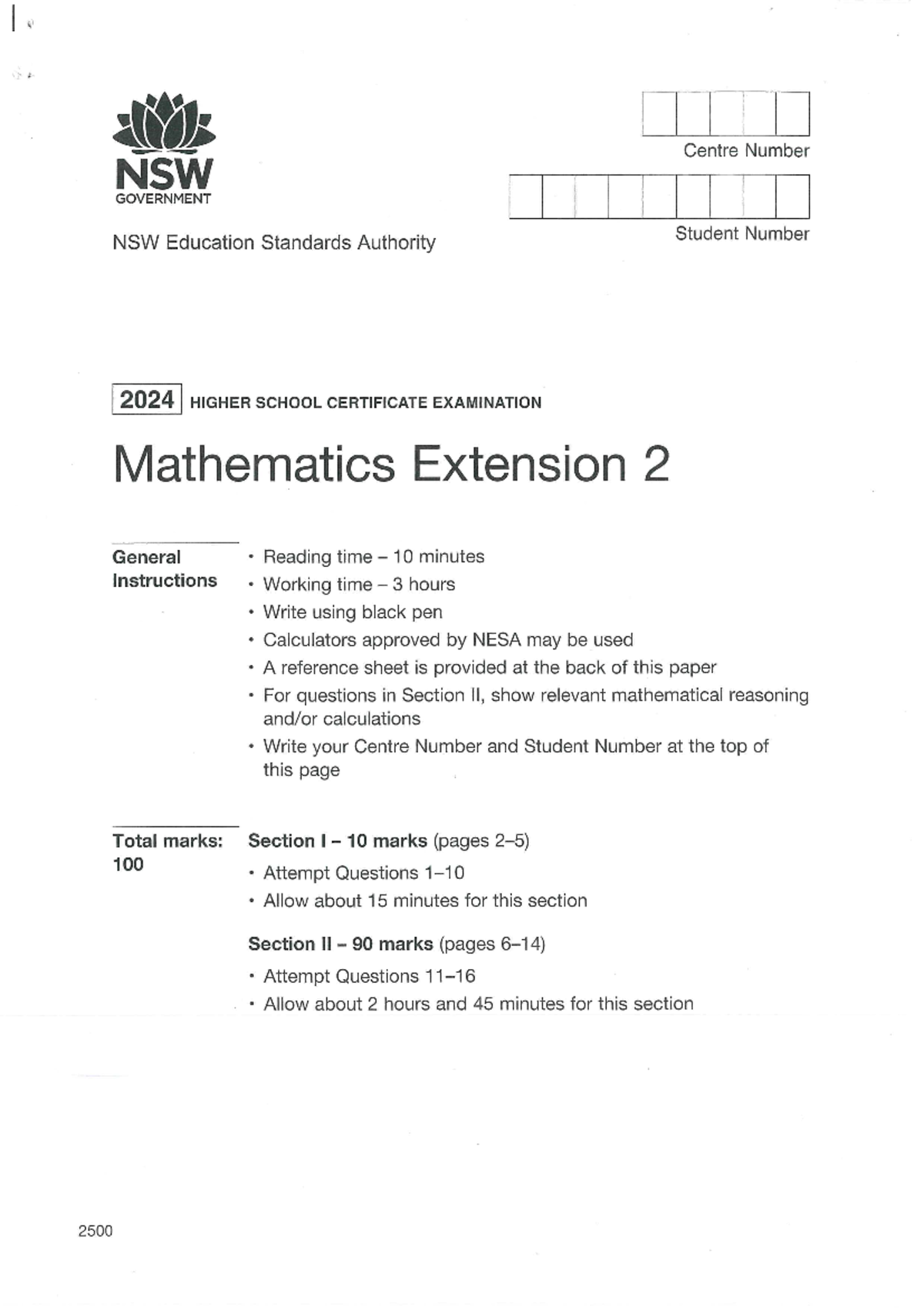 Maths X2 HSC 2024 - hsc - Centre Number NSW GOVERNMENT Student Number ...