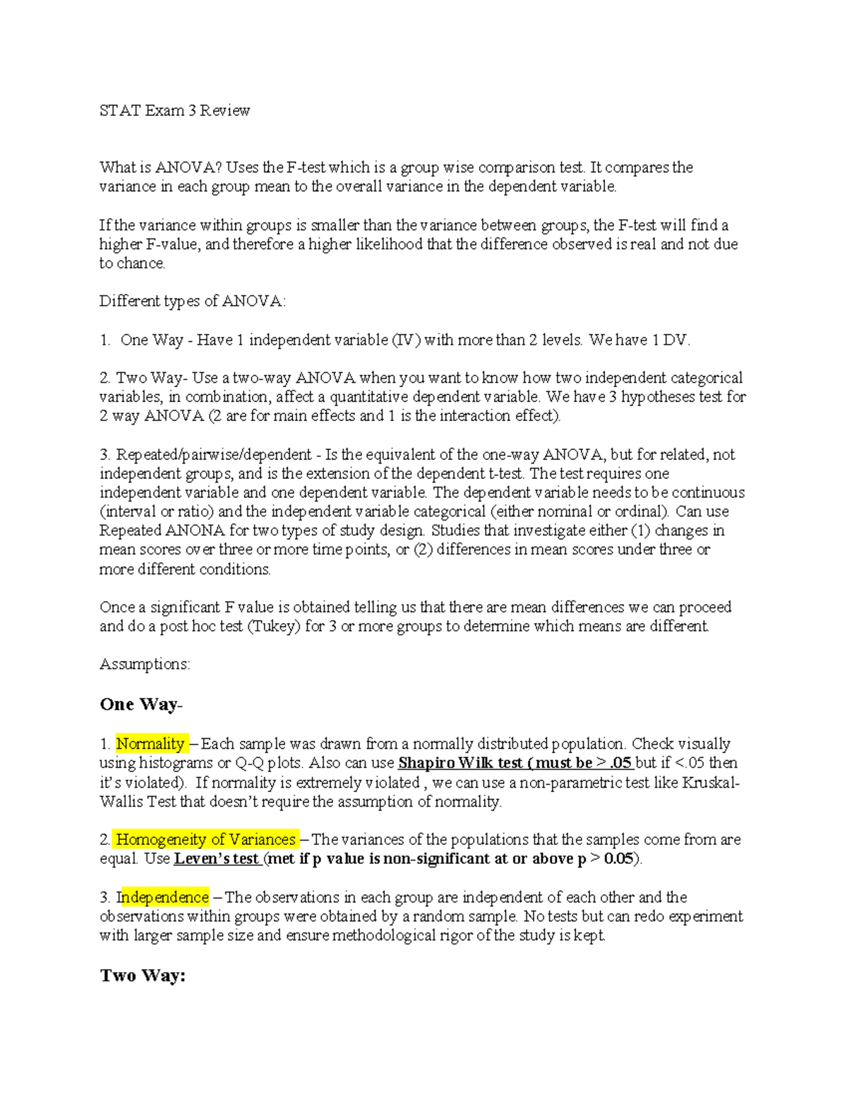 STAT Exam 3 Review - study guide - STAT Exam 3 Review What is ANOVA ...