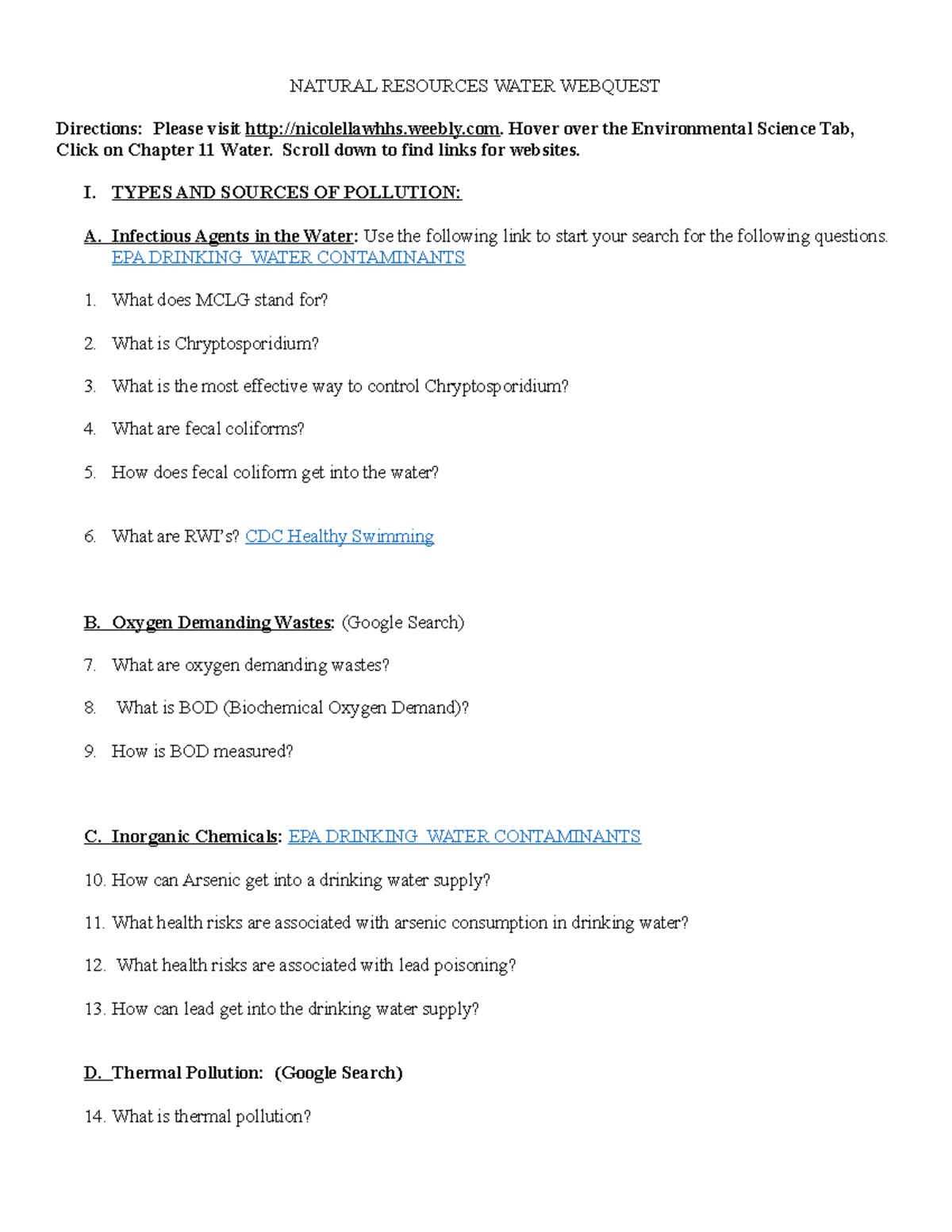 Water webquest - environmental science - NATURAL RESOURCES WATER ...