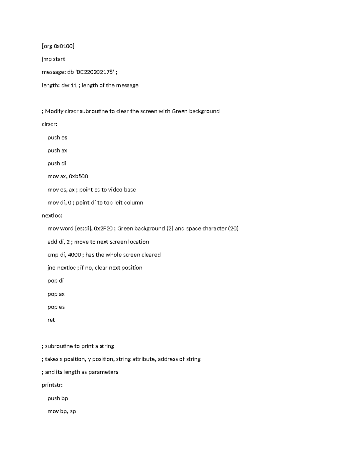 Assignment no 2 - qwertyu - [org 0x0100] jmp start message: db ...