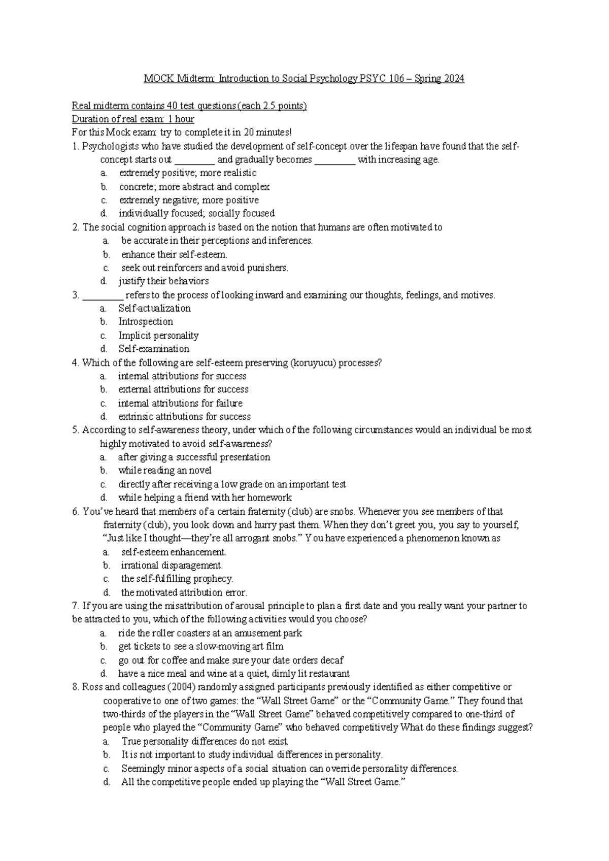 Social psyc mock 2 - test - MOCK Midterm: Introduction to Social ...