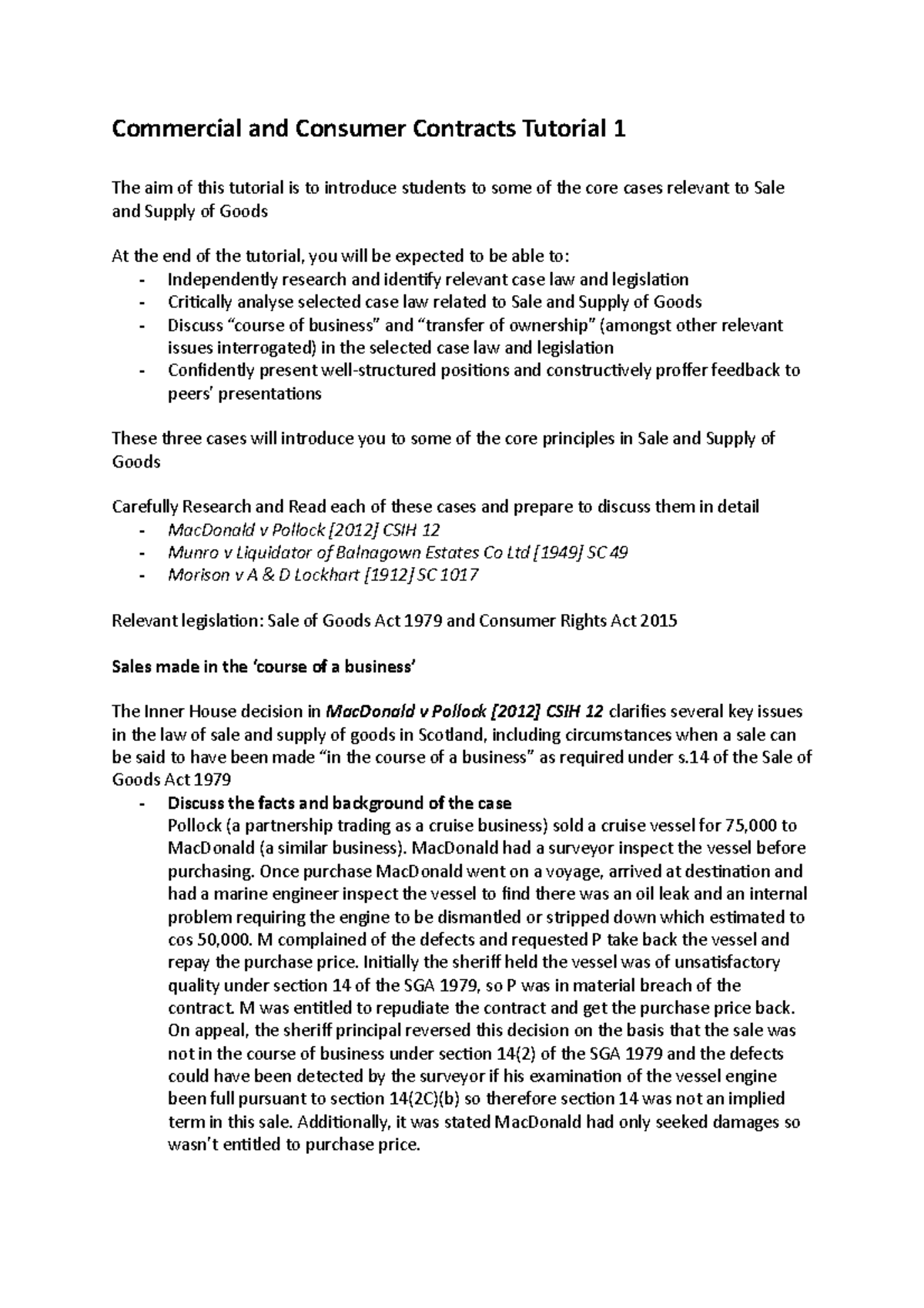 LS3032 Tutorial 1 - Sale and Supply of Goods - Commercial and Consumer Contracts Tutorial 1 The ...