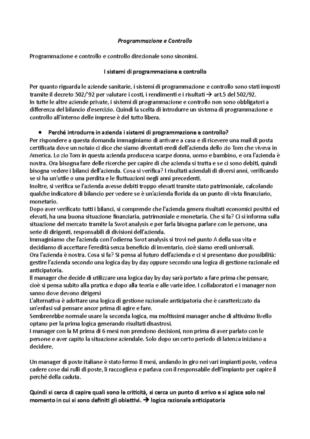 1° lezione - riassunto primo capitolo di programmazione e controllo ...