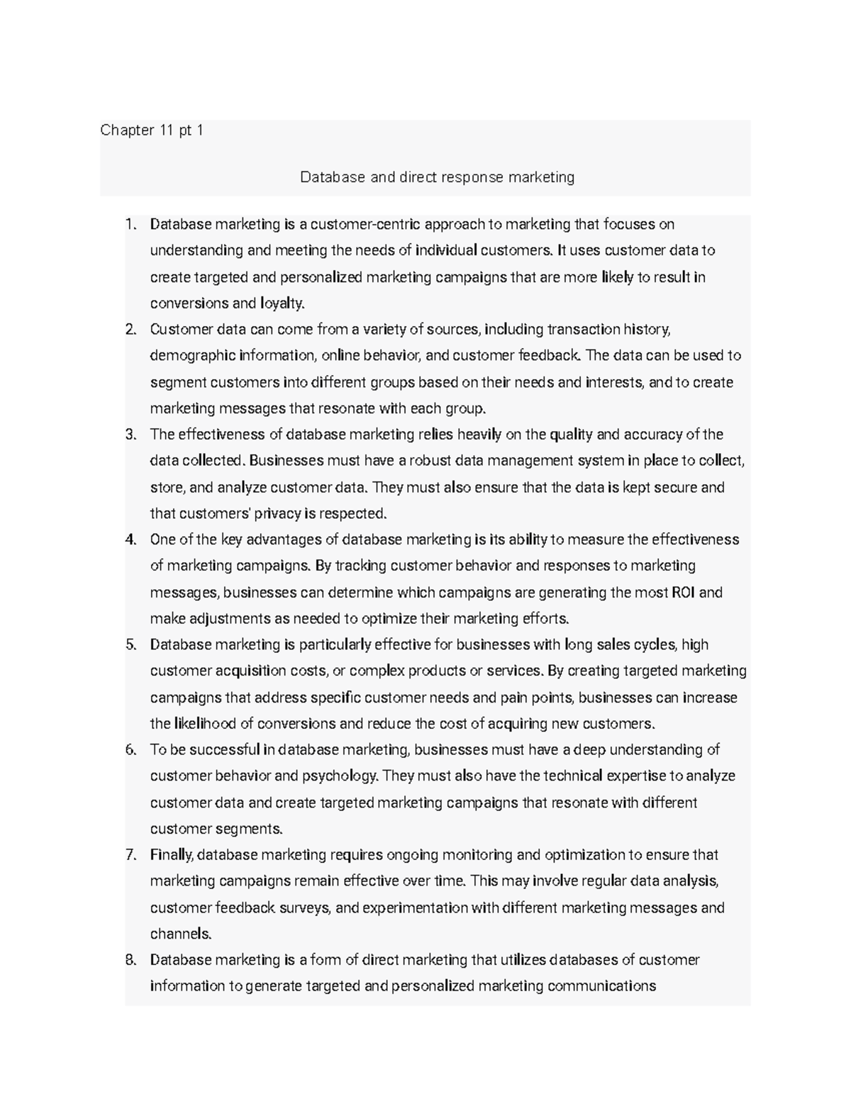 Mkt 348 notes chap 11 pt 1 - Chapter 11 pt 1 Database and direct ...