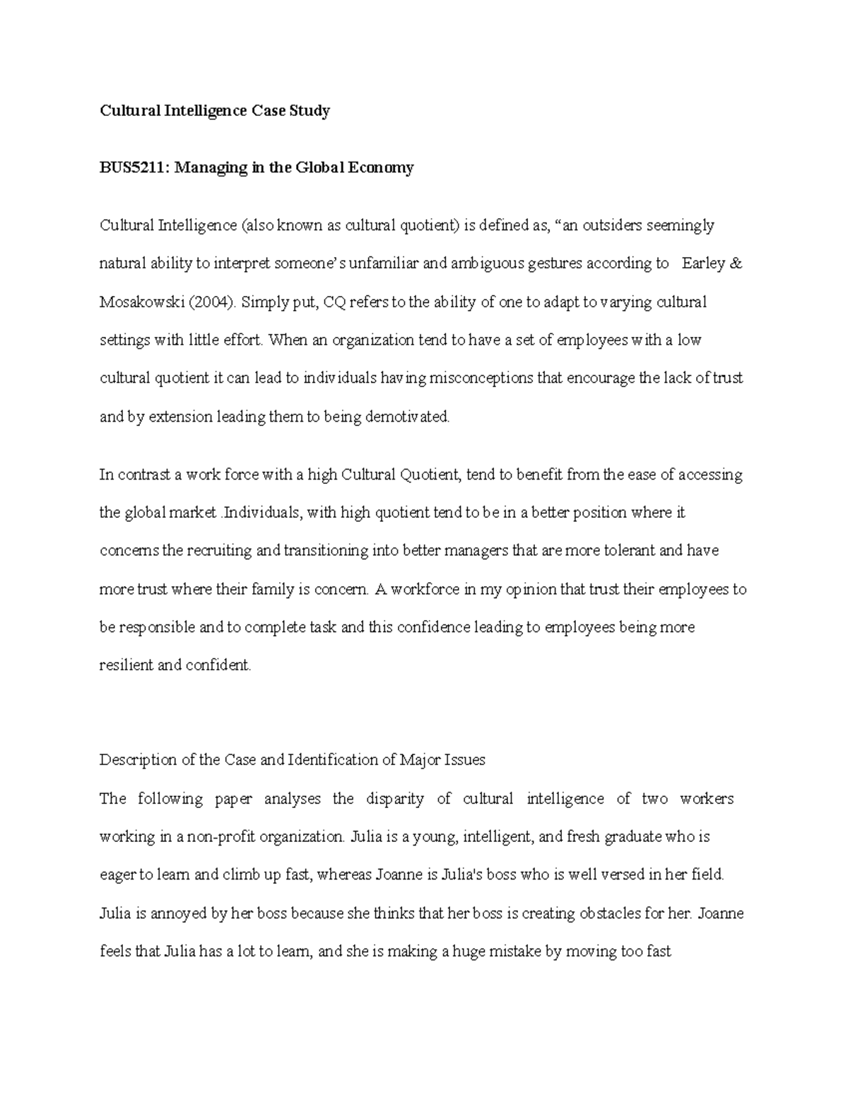 Written Assigment One - Cultural Intelligence Case Study BUS5211: Managing in the Global Economy ...