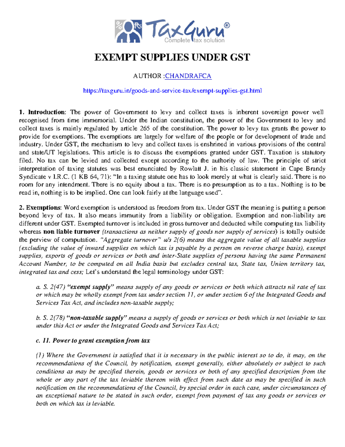 Exempt supplies under GST- taxguru - EXEMPT SUPPLIES UNDER GST AUTHOR ...