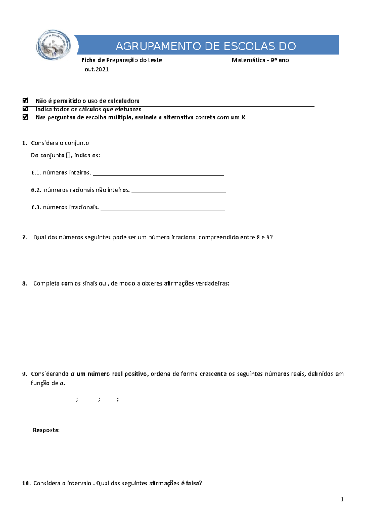 Ficha Preparção-1º Teste 9ºano - AGRUPAMENTO DE ESCOLAS DO Ficha de ...