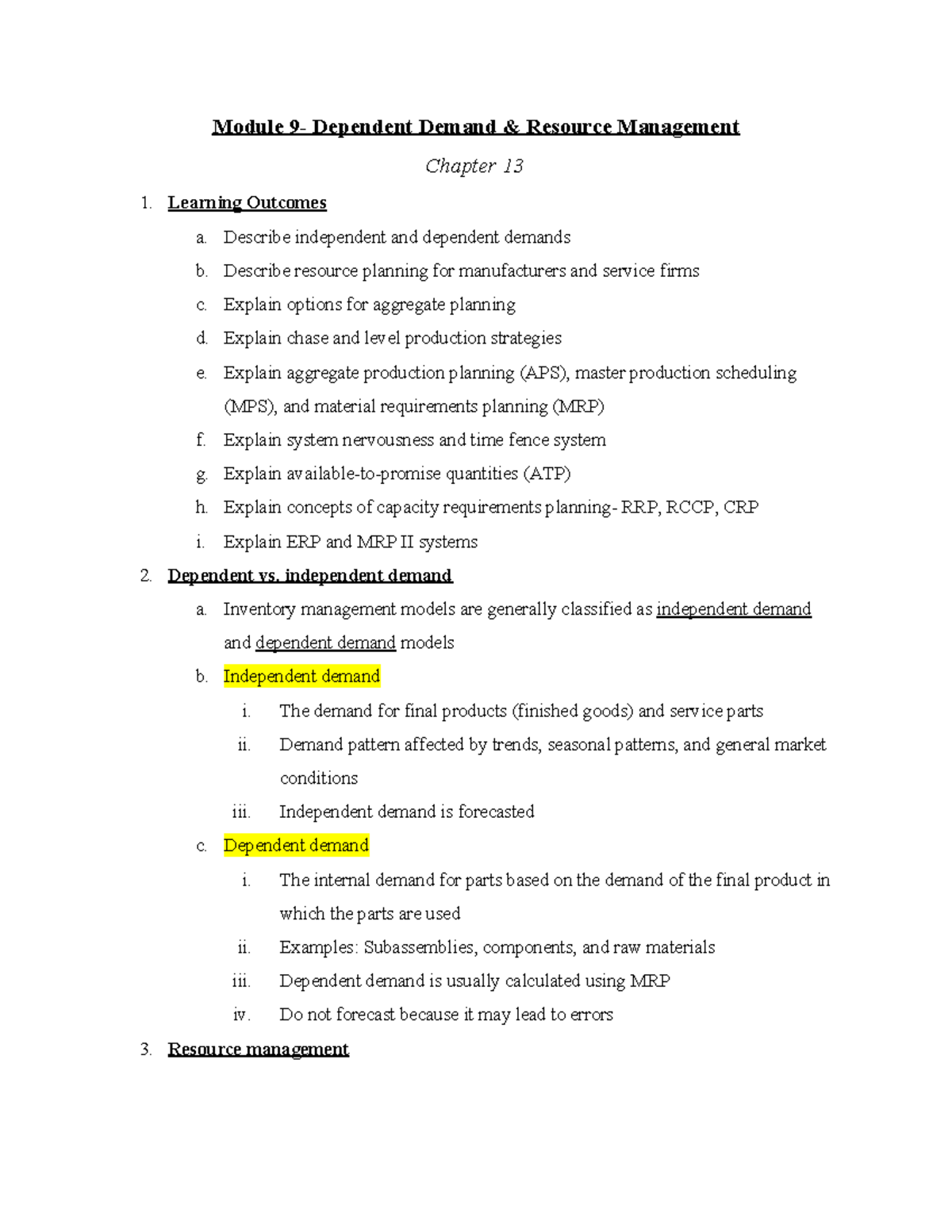 2020-operations management-lecture notes module 9 - Module 9- Dependent ...