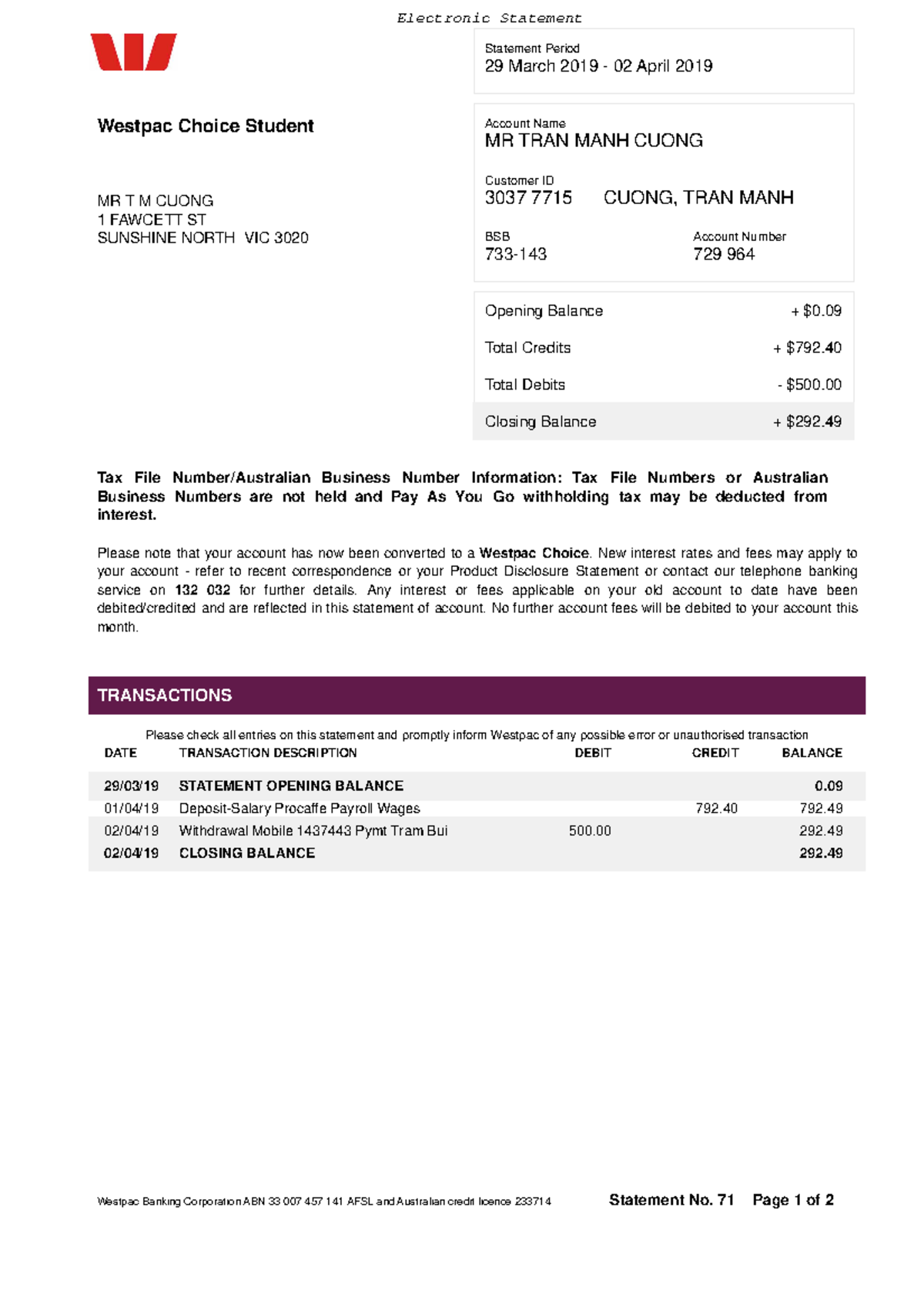 Estatement - Grade: 80 - Electronic Statement Statement Period 29 March ...