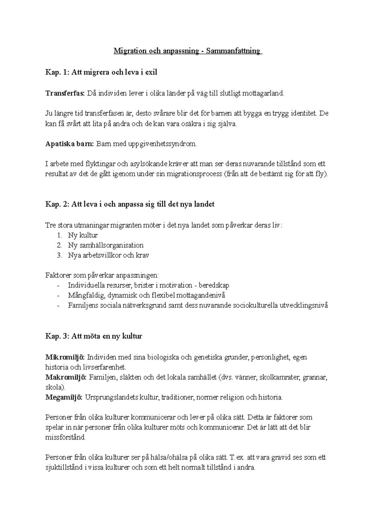 Migration och anpassning - boksammanfattning - Studocu
