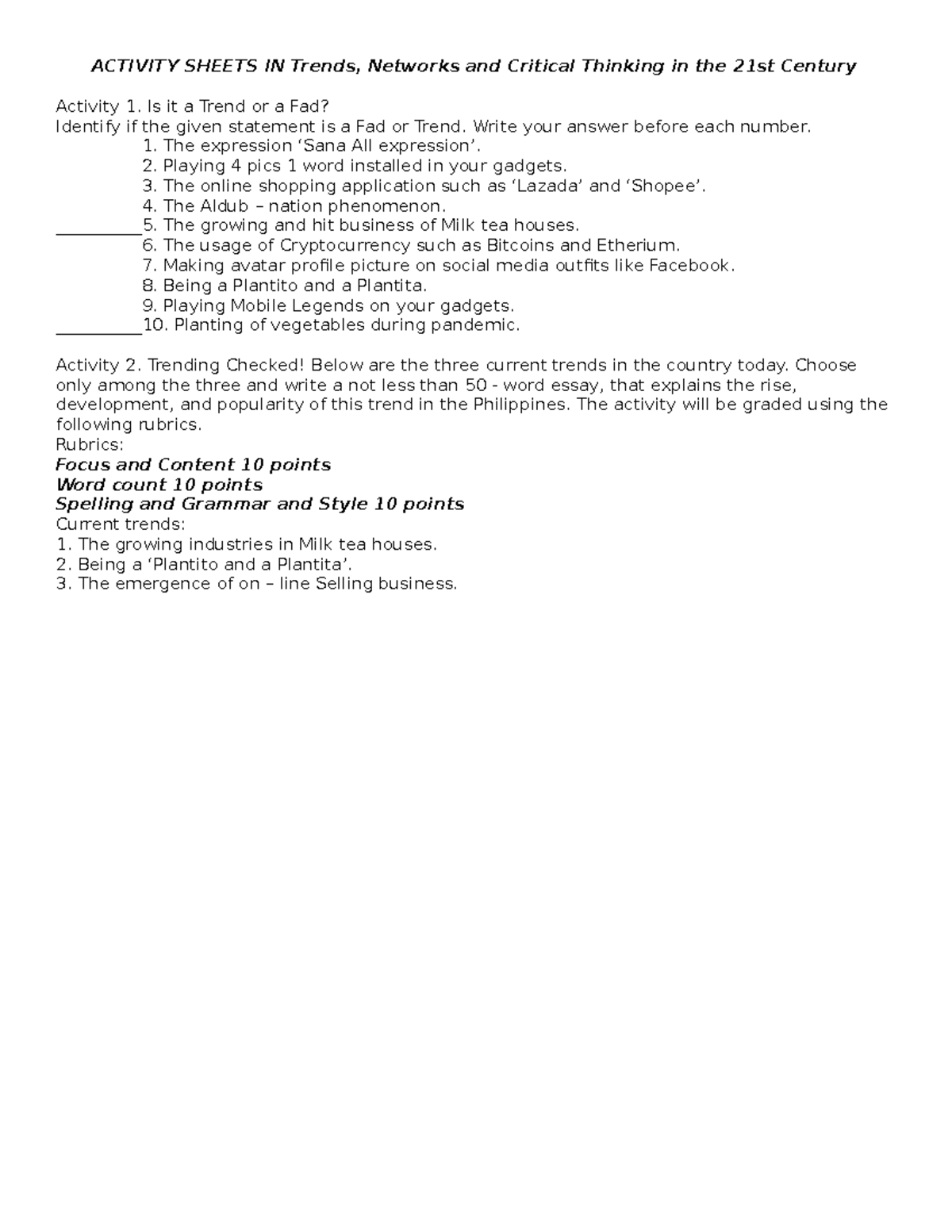 Activity Sheets IN Trends Week 1 - ACTIVITY SHEETS IN Trends, Networks ...