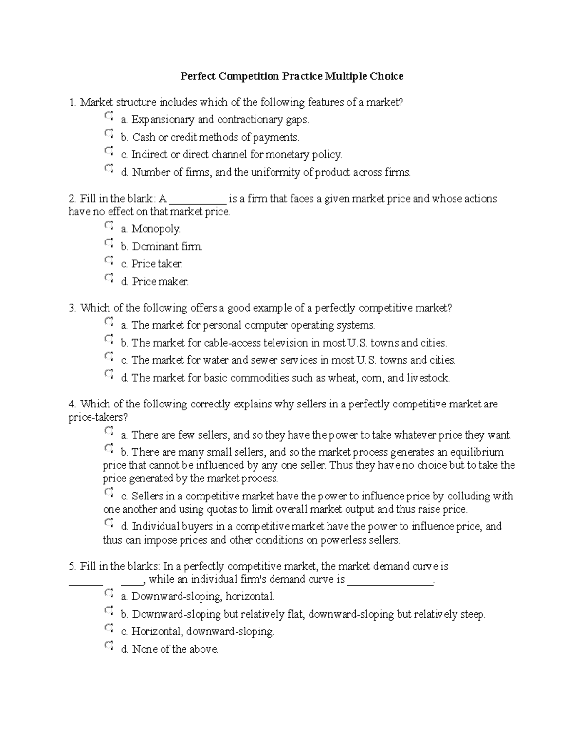 Perfect Competition Extra Practice Multiple Choice - 1 - Perfect ...