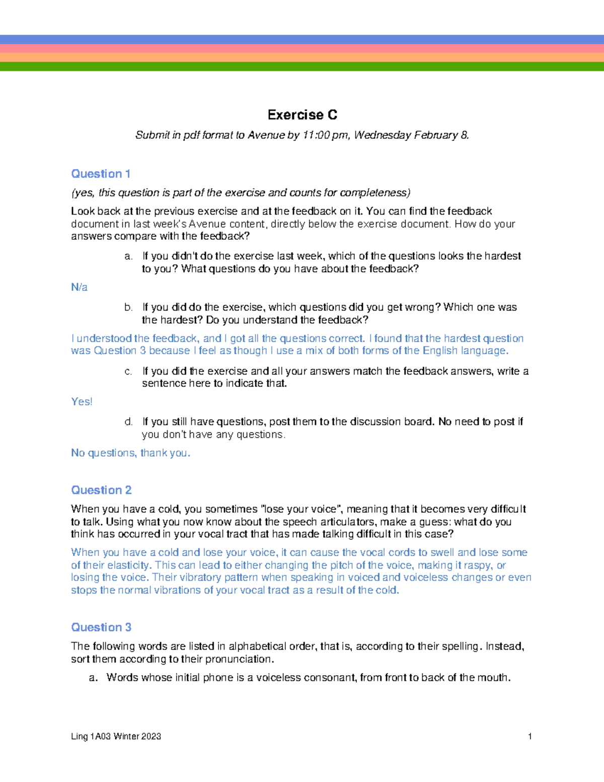 Exercise C - Course work - Ling 1A03 Winter 2023 1 Exercise C Submit in pdf format to Avenue by ...