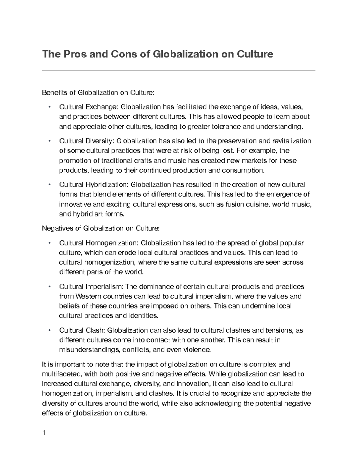 The Pros and Cons of Globalization on Culture Notes - The Pros and Cons ...