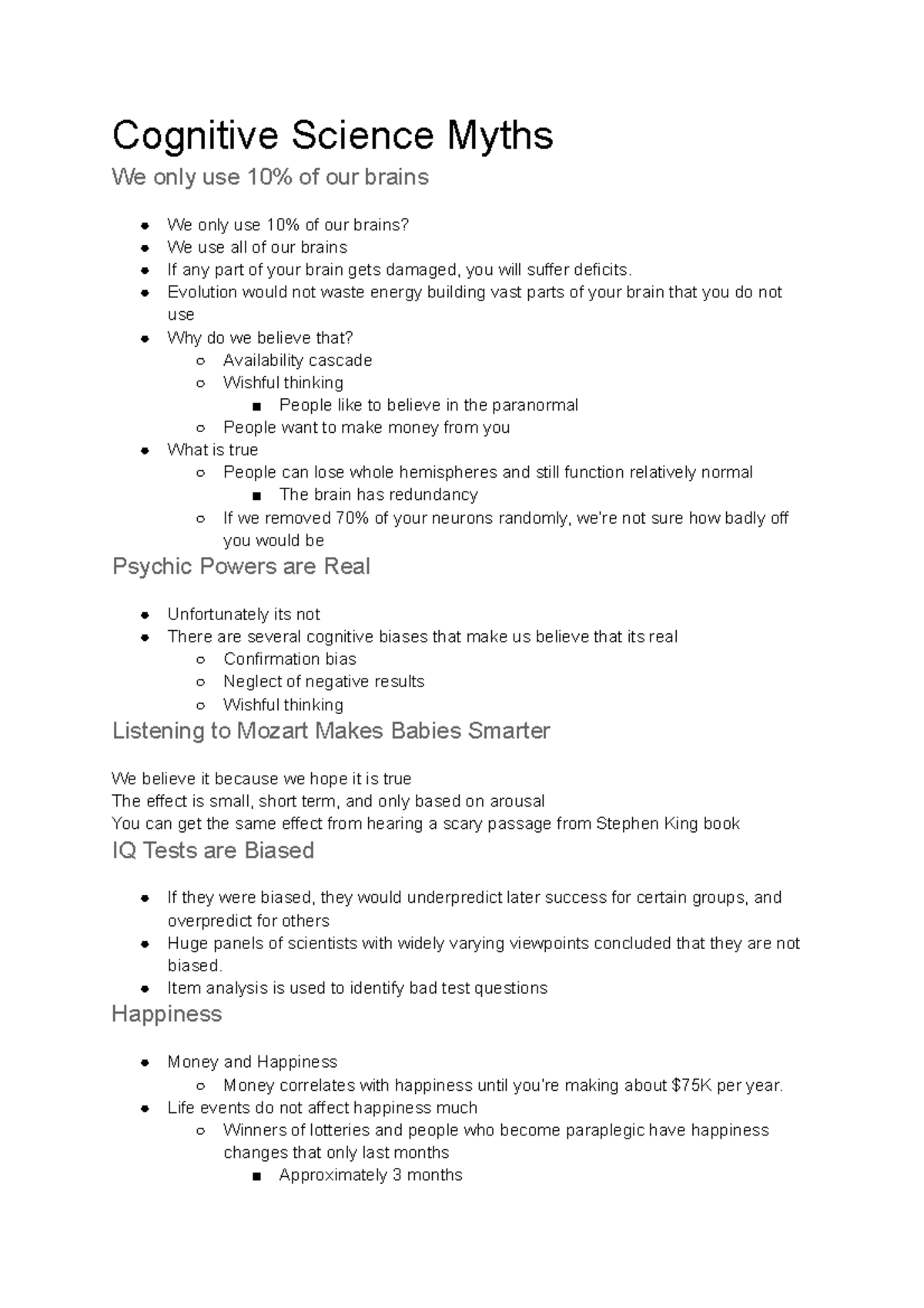 CGSC 1001 - Cognitive Science Myths - Cognitive Science Myths We only use 10% of our brains We ...