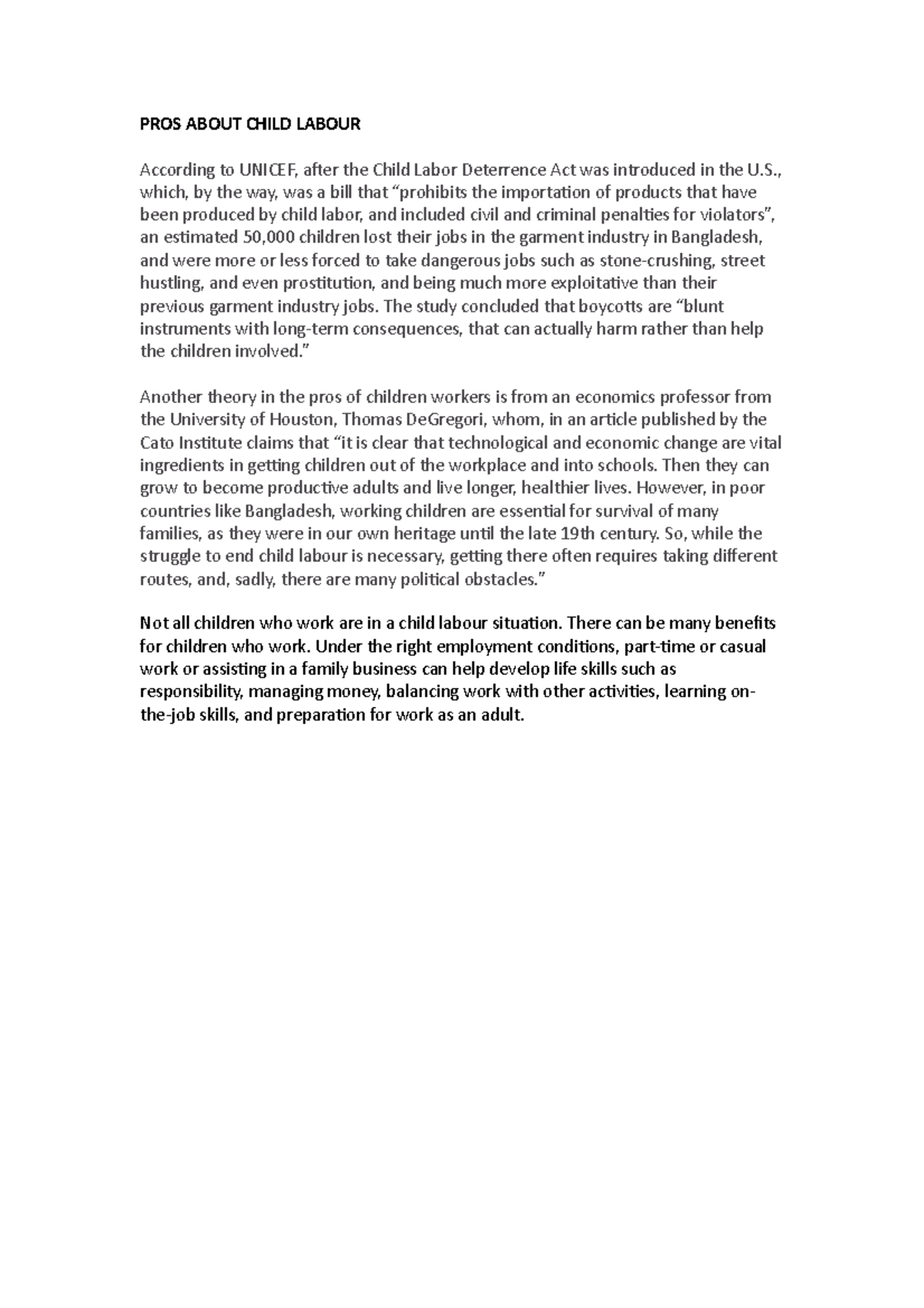 PROS About Child Labour - PROS ABOUT CHILD LABOUR According to UNICEF ...