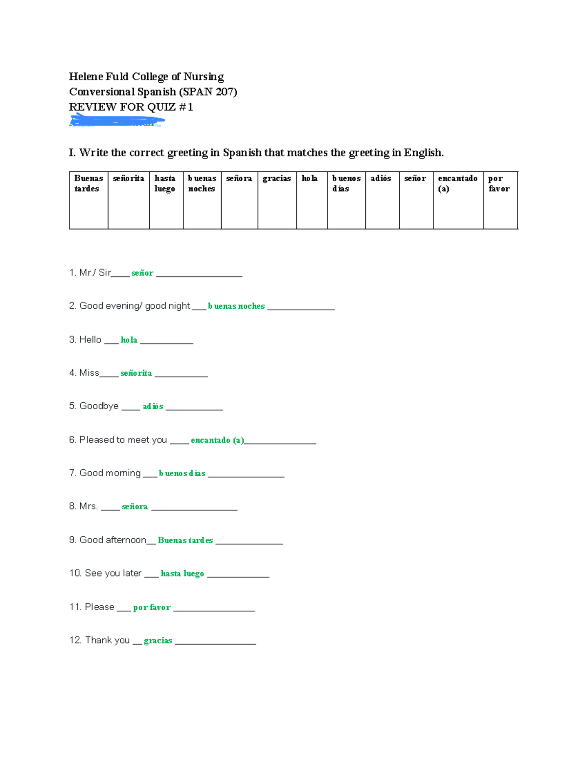 Spanish HW review - Helene Fuld College of Nursing Conversional Spanish ...