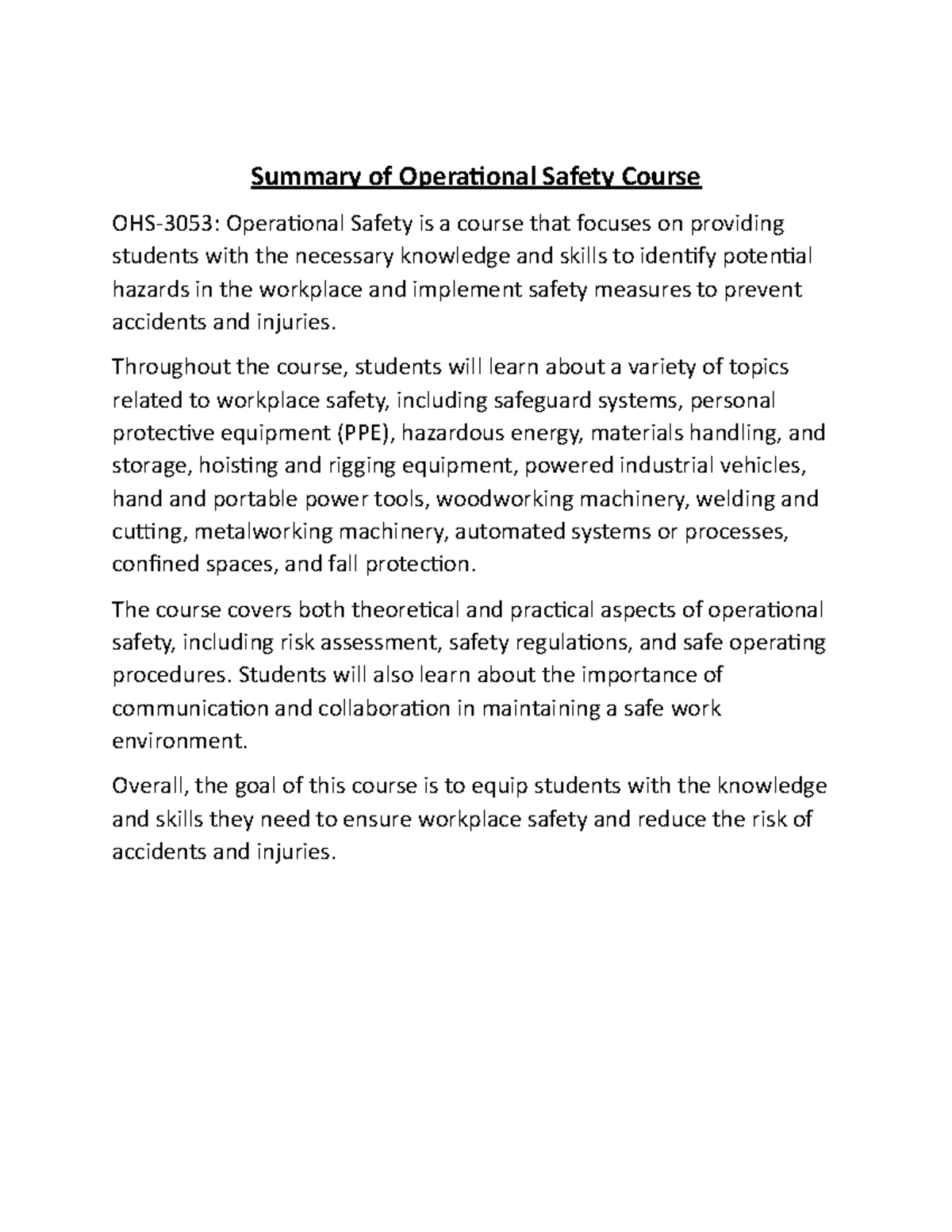 Operational Safety - Students will identify hazards and safe operating ...