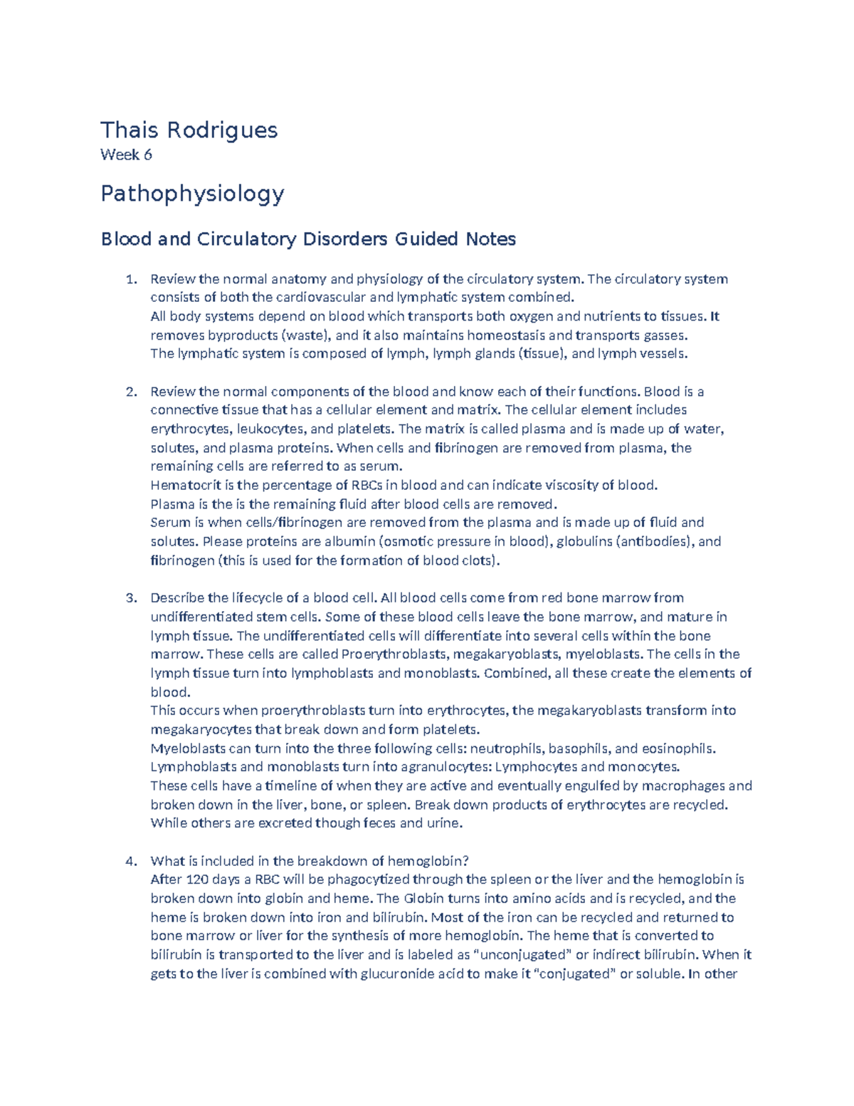 Guided Notes week 6 - Thais Rodrigues Week 6 Pathophysiology Blood and ...