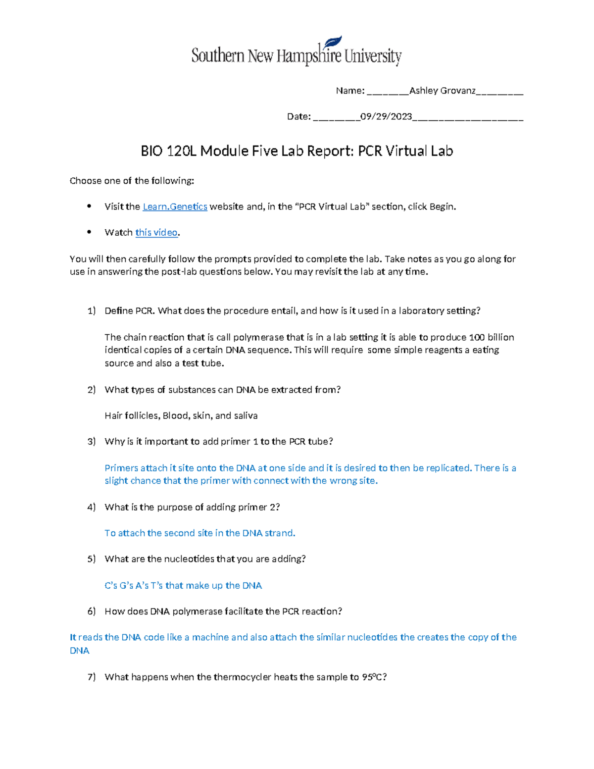 BIO 120L M5 PCR Virtual Lab - Name: Ashley Grovanz_ Date: 09/29/2023 ...