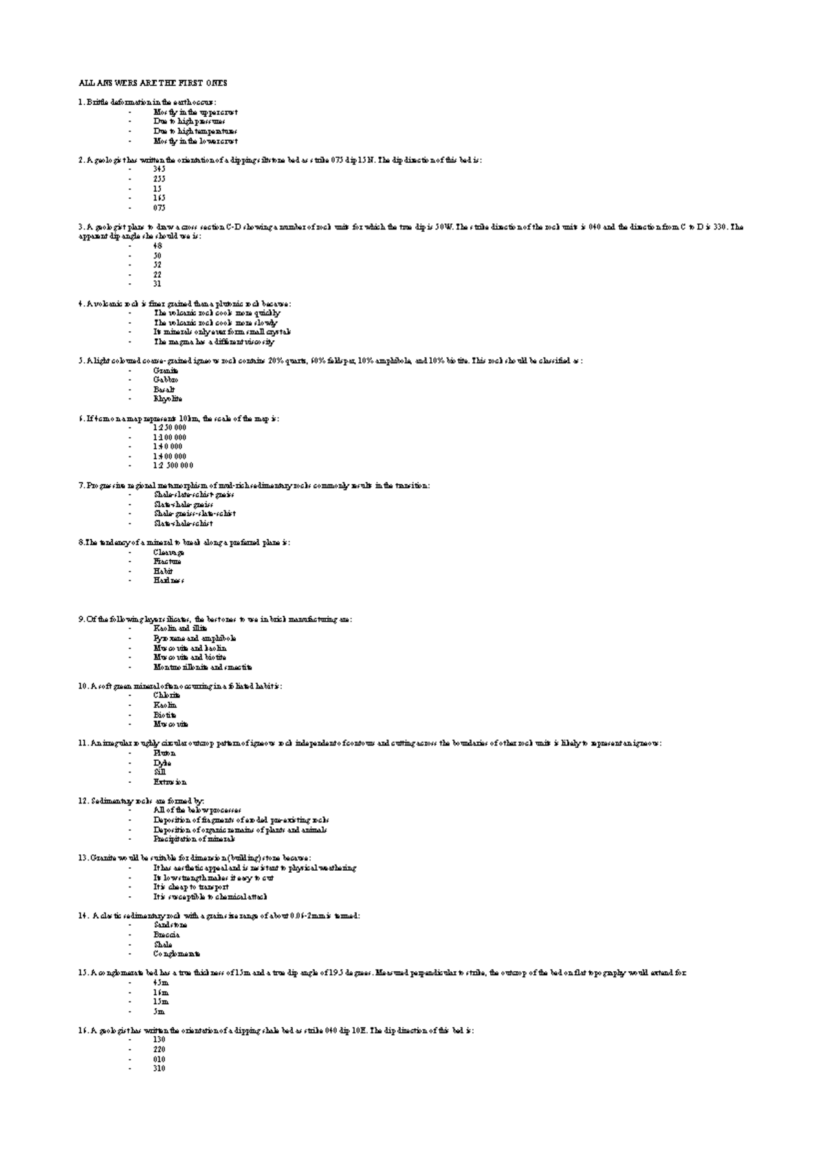 Practical - geology1 quiz - ALL ANSWERS ARE THE FIRST ONES Brittle ...