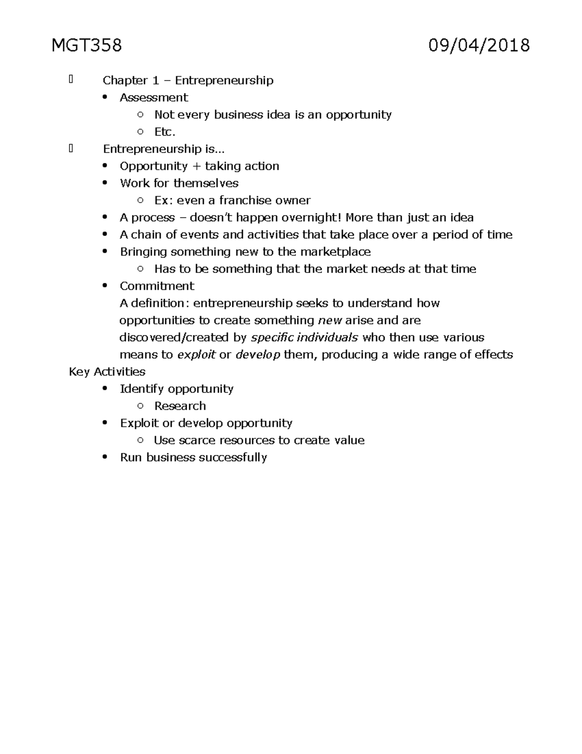 Lecture Notes for first King Exam - MGT358 Chapter 1 Entrepreneurship ...