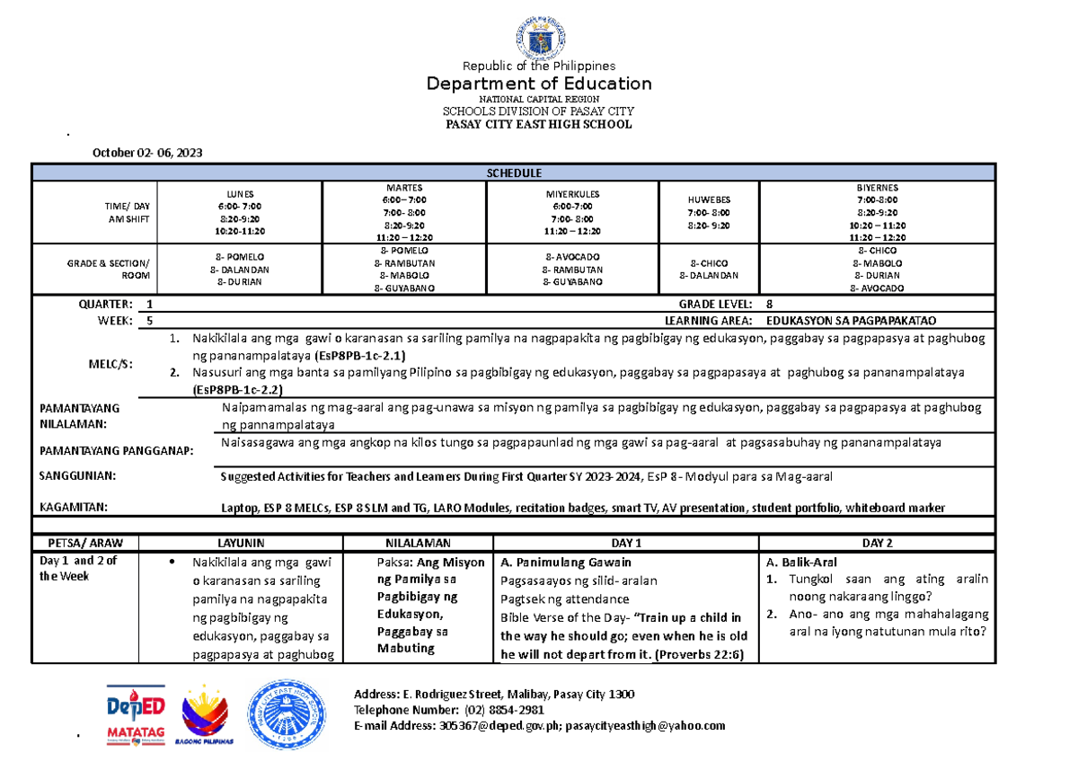 ESP8 DLL Misyon ng Pamilya - Department of Education NATIONAL CAPITAL ...
